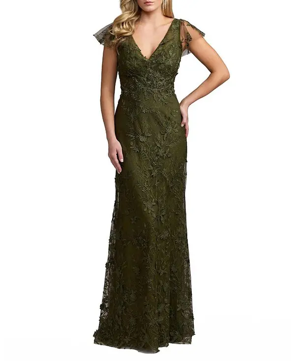 Mac Duggal Embroidered Applique Wrap Over Flutter Sleeve Gown - Olive