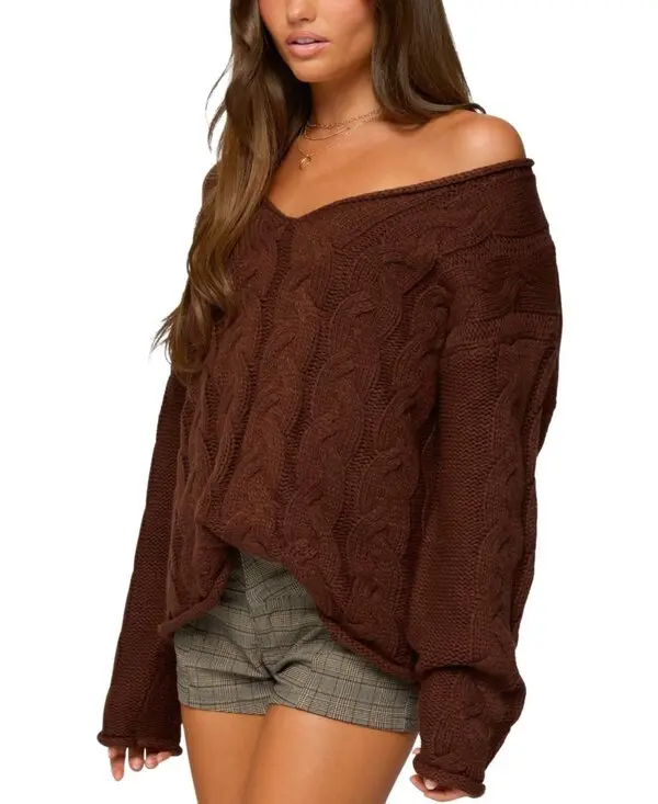 EDIKTED Inga Cable Knit Sweater - Brown