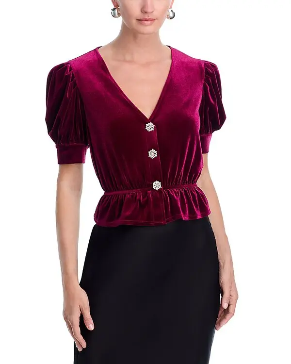 Aqua Velvet Bow Peplum Top - Cherry Lacquer