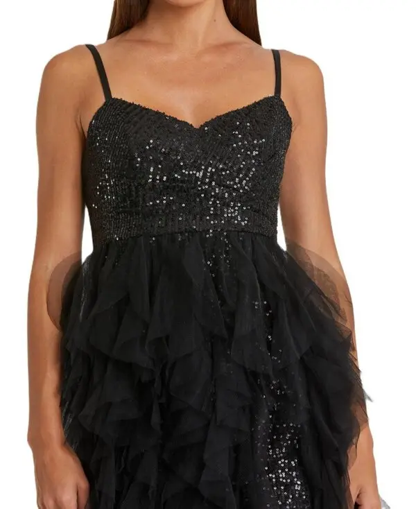 Mac Duggal Ieena Collection Sequin Mini Dress With High-low Ruffle Tiered Train