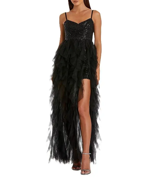 Mac Duggal Ieena Collection Sequin Mini Dress With High-low Ruffle Tiered Train