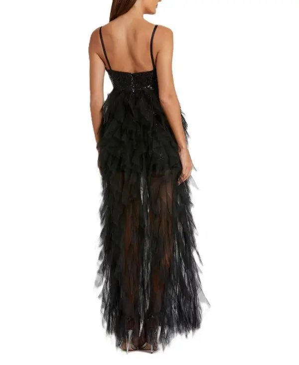Mac Duggal Ieena Collection Sequin Mini Dress With High-low Ruffle Tiered Train