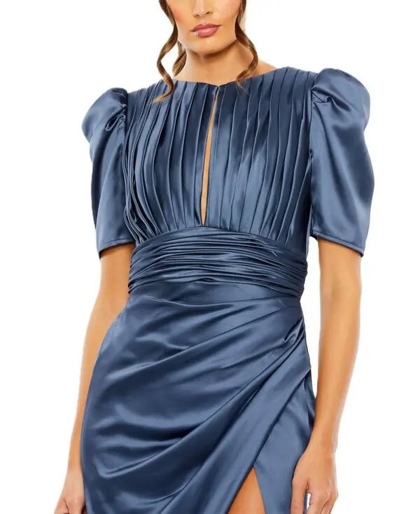 Mac Duggal Puff Sleeve Pleated Bodice Draped Gown