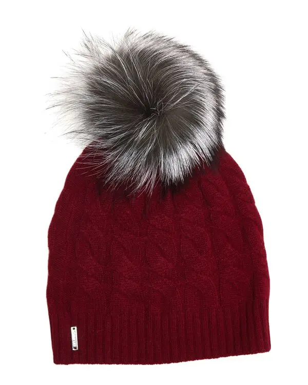 Gorski Cable Knit Cashmere Hat With Fox Fur Pompom In Red  display picture 2