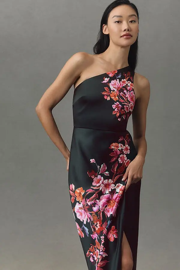 Bhldn Dylan Stretch Sat One-shoulder Side-slit Maxi Dress