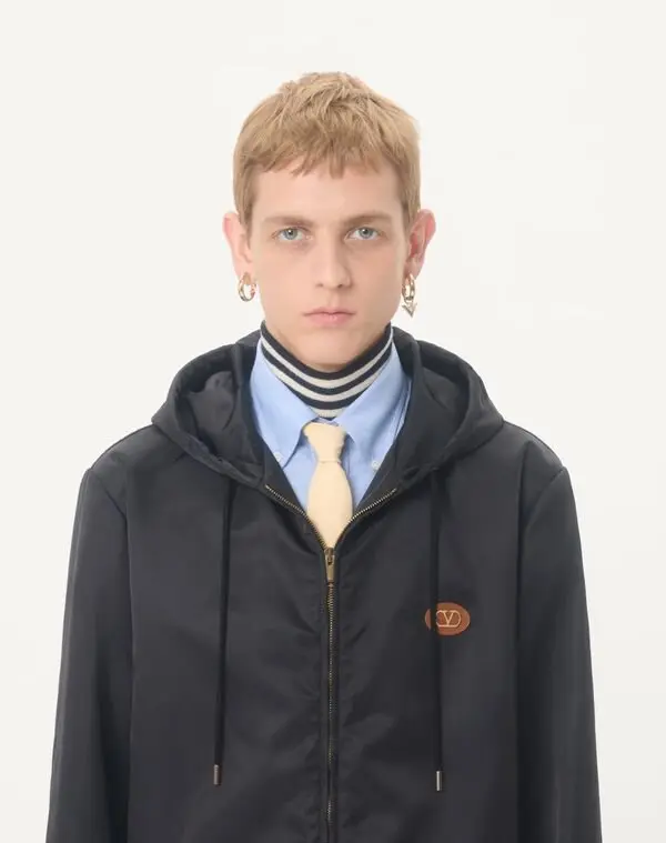 Valentino Garavani Nylon Hooded Windbreaker With Vlogo Patch - Black