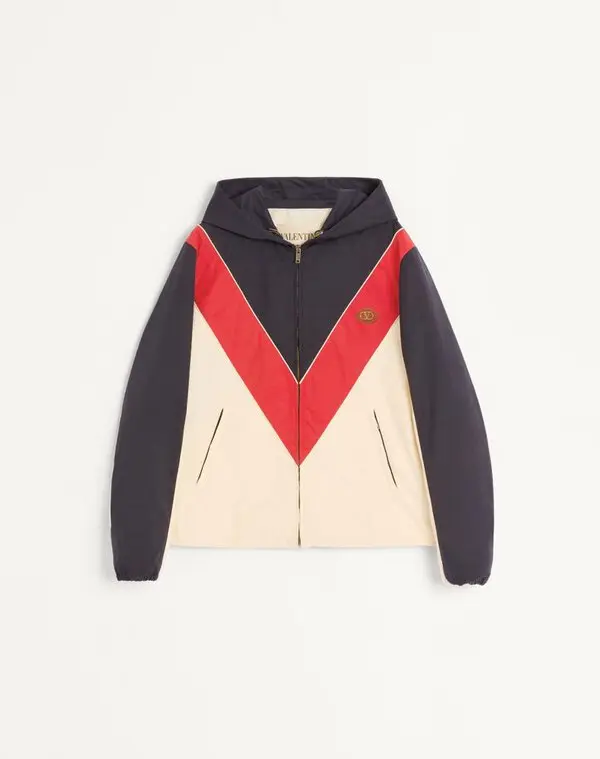 Valentino Garavani Hooded Nylon Windbreaker With Vlogo - Navy/red/blue