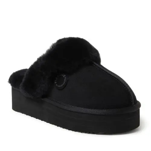 DEARFOAMS Fireside Melton Genuine Shearling Platform Scuff Slipper - Black
