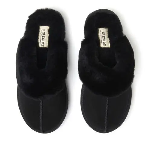 DEARFOAMS Fireside Melton Genuine Shearling Platform Scuff Slipper - Black