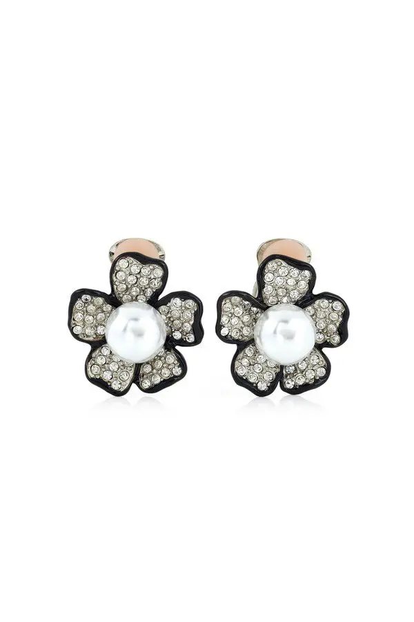 KENNETH JAY LANE Pearl Center Flower Clip Earrings - Black