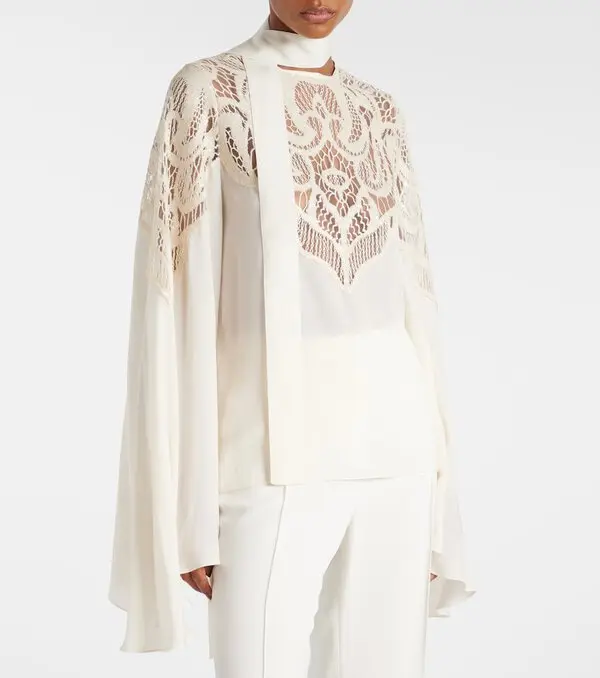 Elie Saab Lace-trimmed Tie-neck Georgette Blouse