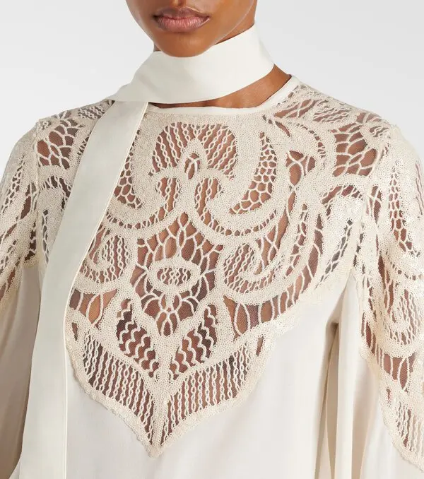 Elie Saab Lace-trimmed Tie-neck Georgette Blouse