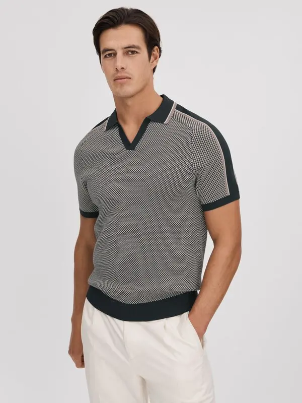 REISS Brunswickhunting Geometric Design Knitted Open Collar Shirt