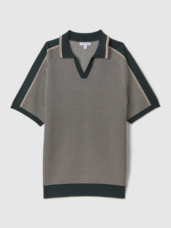 REISS Brunswickhunting Geometric Design Knitted Open Collar Shirt