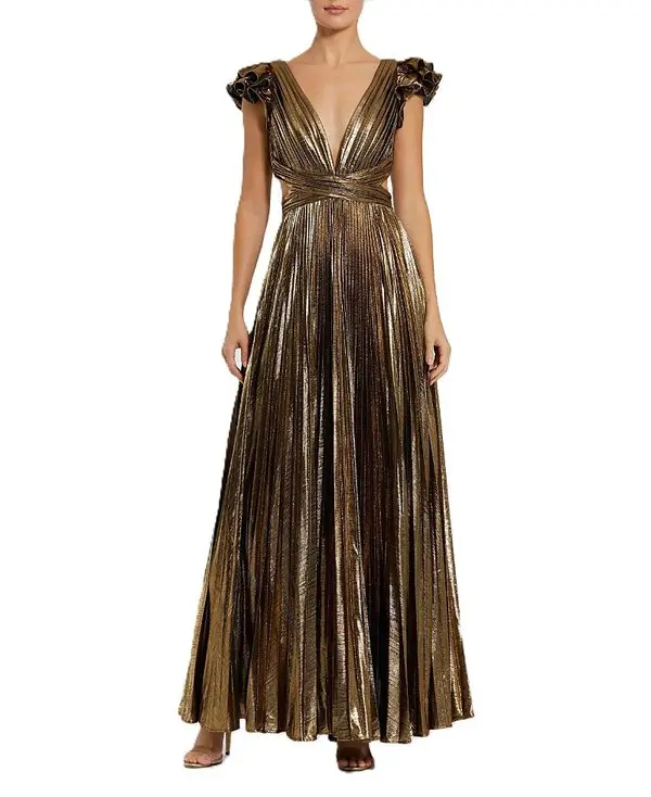 Mac Duggal Ruffle Sleeve Cutout Pleated Metallic Gown - Antique Gold