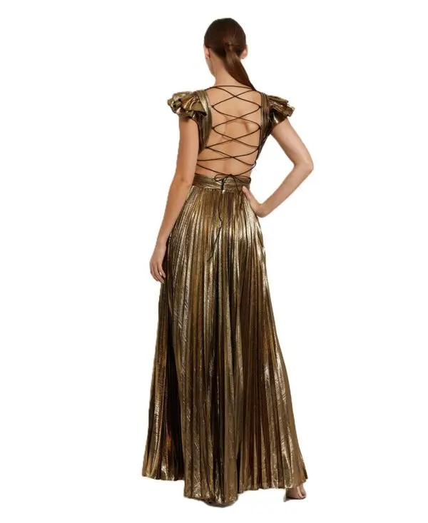 Mac Duggal Ruffle Sleeve Cutout Pleated Metallic Gown - Antique Gold