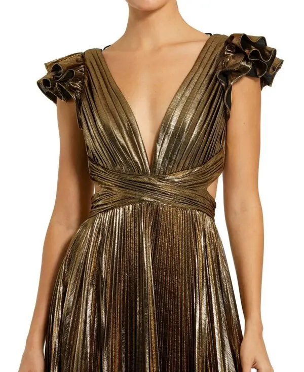 Mac Duggal Ruffle Sleeve Cutout Pleated Metallic Gown - Antique Gold