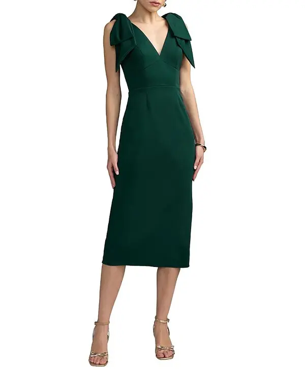 Mac Duggal Bow Strap Crepe Fitted Midi Dress - Emerald