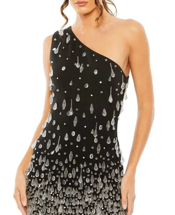 Mac Duggal One-Shoulder Crystal Drop Dress - Black | Editorialist