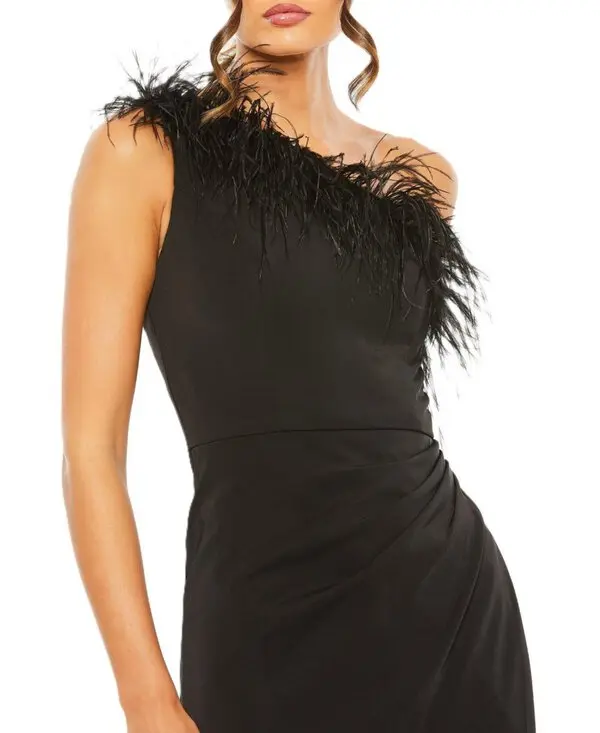 Mac Duggal One-shoulder Feather-trimmed Gown