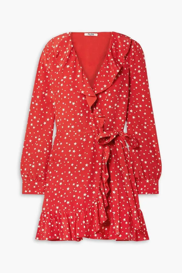 Miu Miu Ruffled Printed Silk-crepe Mini Wrap Dress
