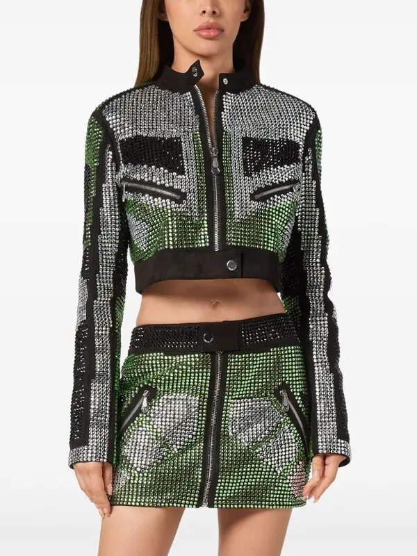 Philipp Plein Strass Cropped Biker Jacket