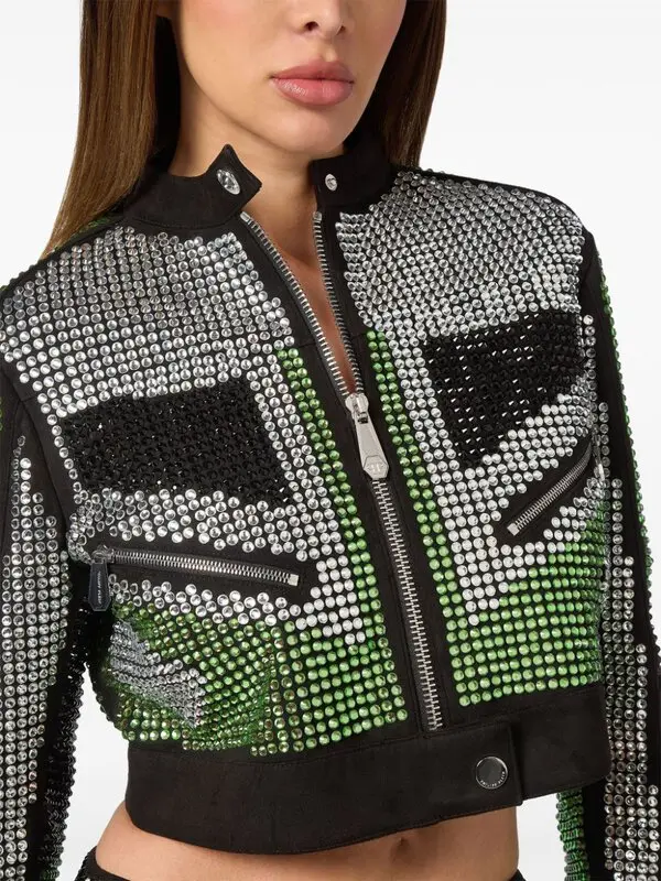 Philipp Plein Strass Cropped Biker Jacket