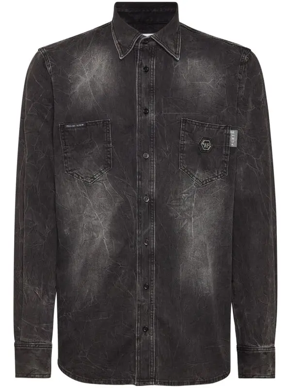Philipp Plein Skull & Bones Denim Shirt - Grey