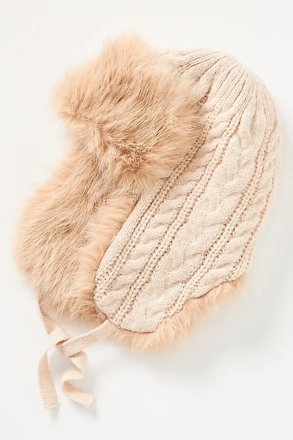 Anthropologie Trapper Hat Women One Size Cream Tan Cable Knit Faux Fur Aviator Anthropologie Cable-Knit Faux-Fur Trapper Hat In Beige - 48  main image 2