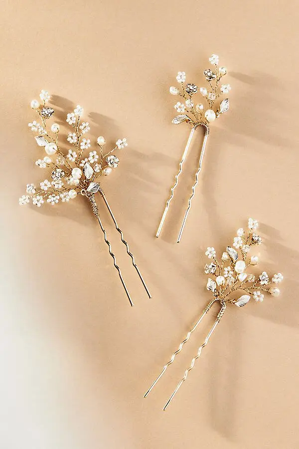 TWIGS & HONEY Dainty Beaded Fern Leaf Hair Pins - Gold