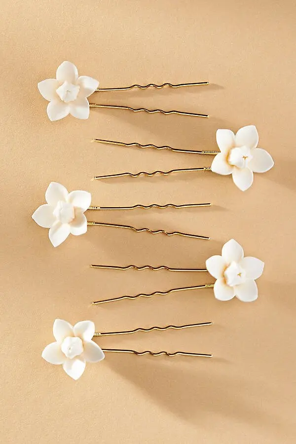 TWIGS & HONEY Floral Bud Hair Pins Set Of 5 - Ivory