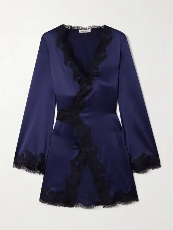 Agent Provocateur Amelea Belted Lace-trimmed Silk-blend Satin Robe - Blue