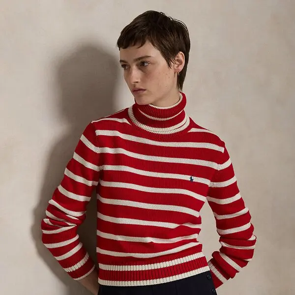 Ralph Lauren Striped Cotton Turtleneck Sweater In Red Multi 40