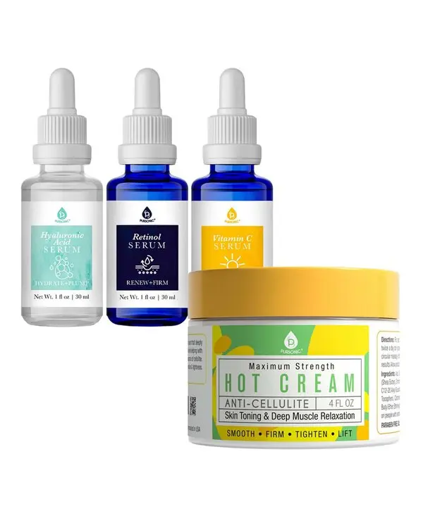 PURSONIC Ultimate Skin Care Duo: Anti Cellulite & Muscle Relaxation Hot Cream + Anti-aging Serum Set - No Color