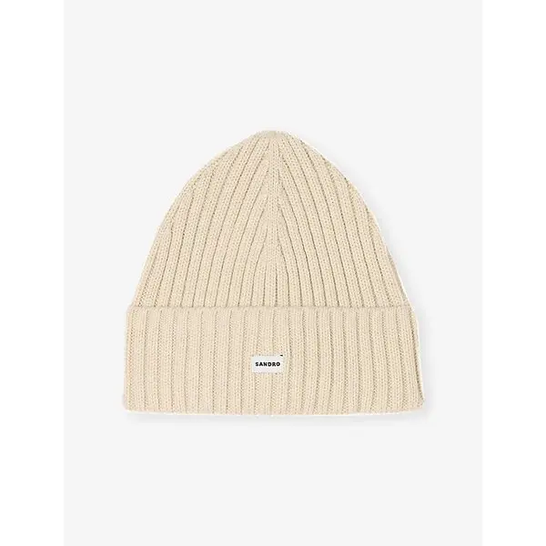 Sandro Logo-patch Ribbed Knitted Beanie Hat - Butter Cream