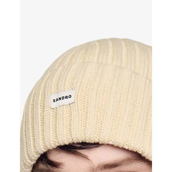 Sandro Logo-patch Ribbed Knitted Beanie Hat - Butter Cream