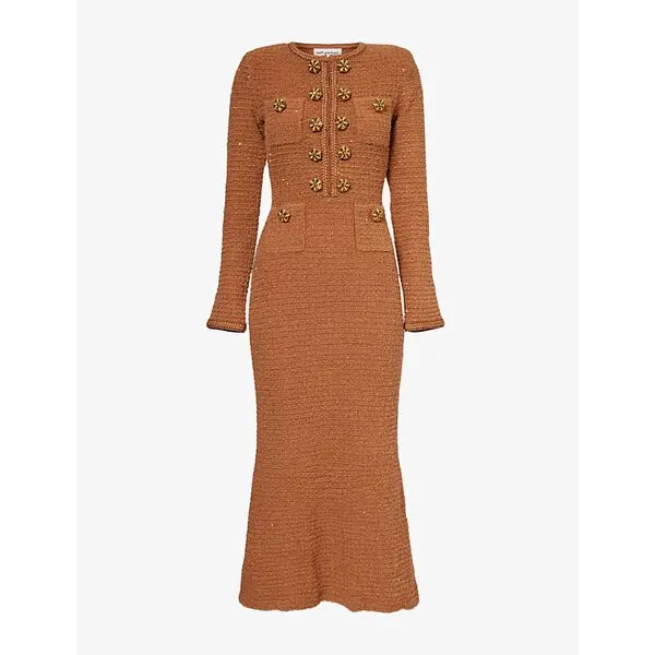 Self-Portrait Sequin Knitted Midi Dress - Brown | Editorialist
