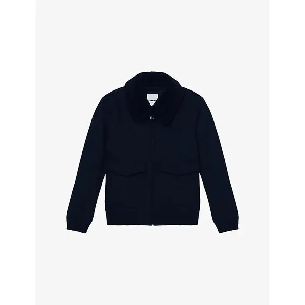 Sandro Wool-blend Aviator Jacket With Shearling Collar - Bleus