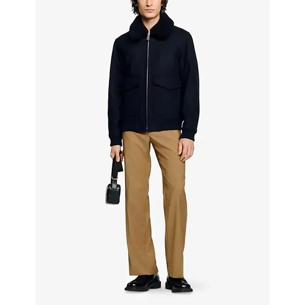 Sandro Wool-blend Aviator Jacket With Shearling Collar - Bleus
