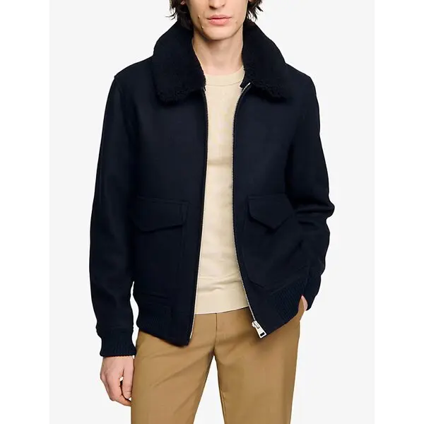Sandro Wool-blend Aviator Jacket With Shearling Collar - Bleus