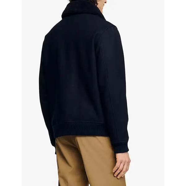 Sandro Wool-blend Aviator Jacket With Shearling Collar - Bleus