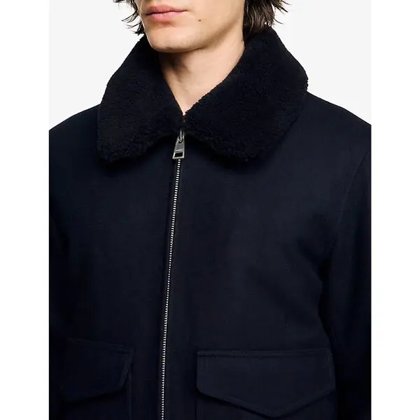 Sandro Wool-blend Aviator Jacket With Shearling Collar - Bleus