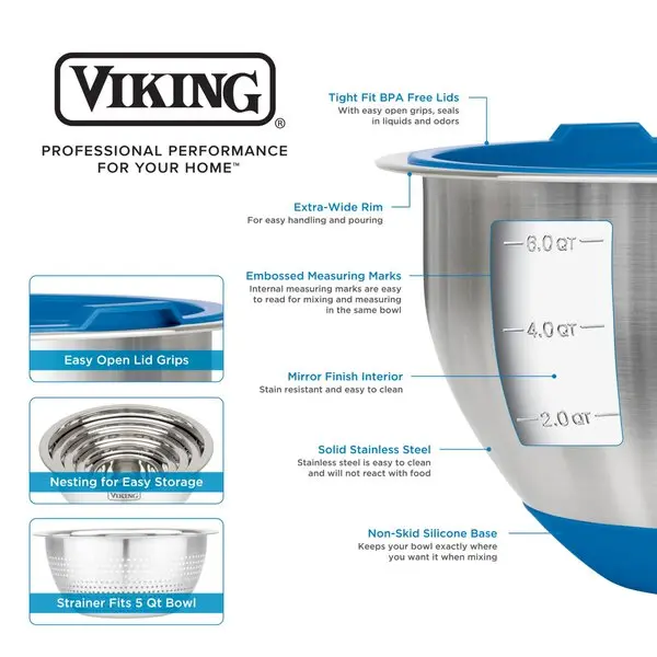 VIKING 9 Pc Stainless Steel Bowl Set With Strainer - Blue