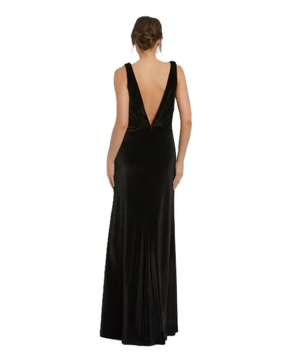 Mac Duggal Deep V High Slit Draped Velvet Fitted Gown