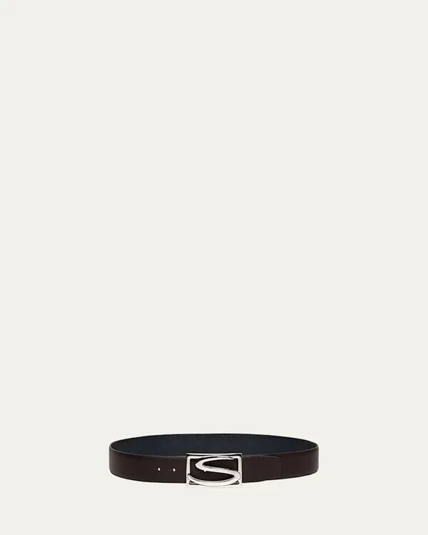 Santoni Rectangle S-buckle Reversible Leather Belt