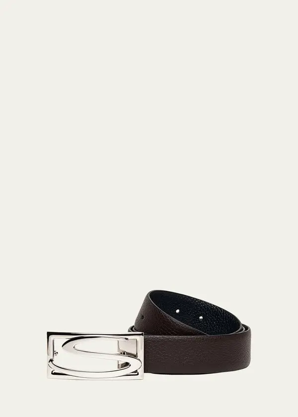 Santoni Rectangle S-buckle Reversible Leather Belt