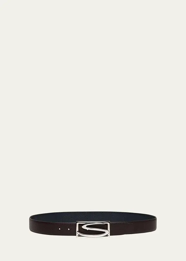 Santoni Rectangle S-buckle Reversible Leather Belt