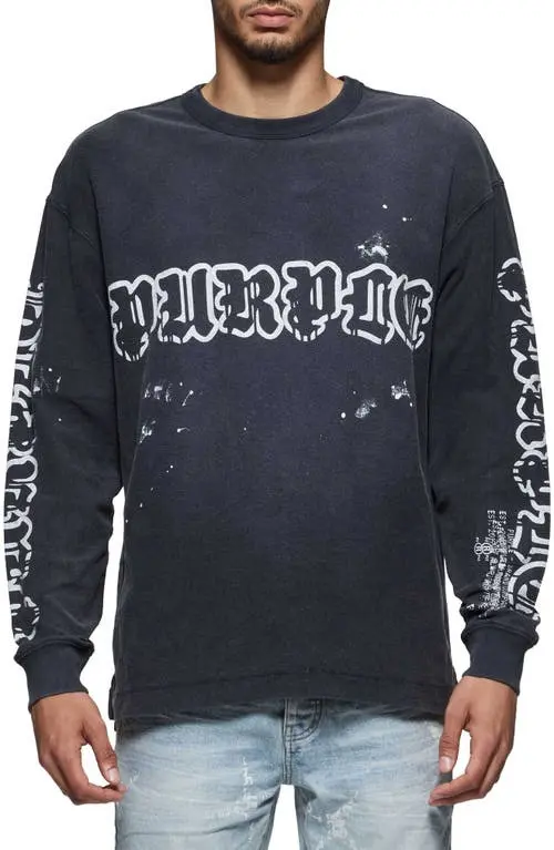 PURPLE BRAND Textured Logo Long Sleeve Cotton Graphic T-shirt - Black