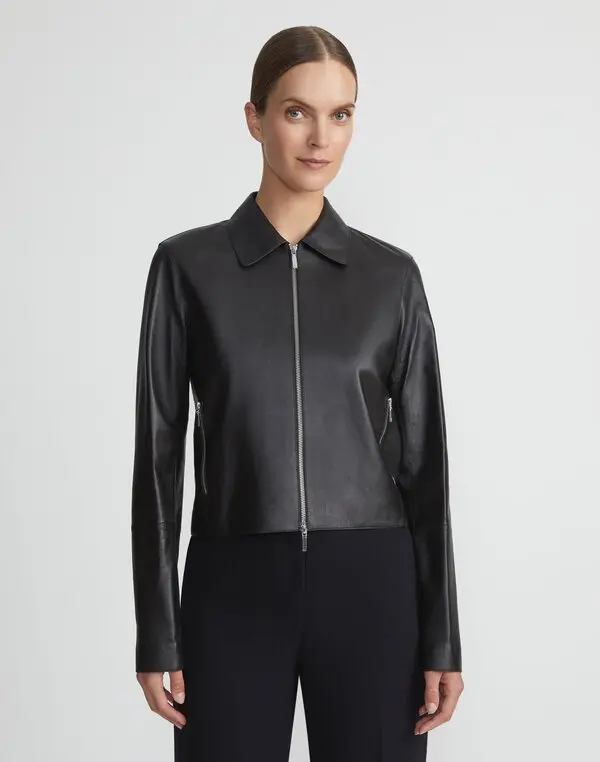 Lafayette 148 New York Leather Zip Cropped Jacket - Black