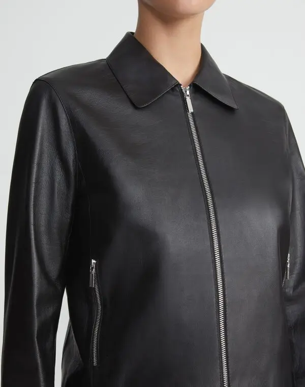 Lafayette 148 New York Leather Zip Cropped Jacket - Black - 40